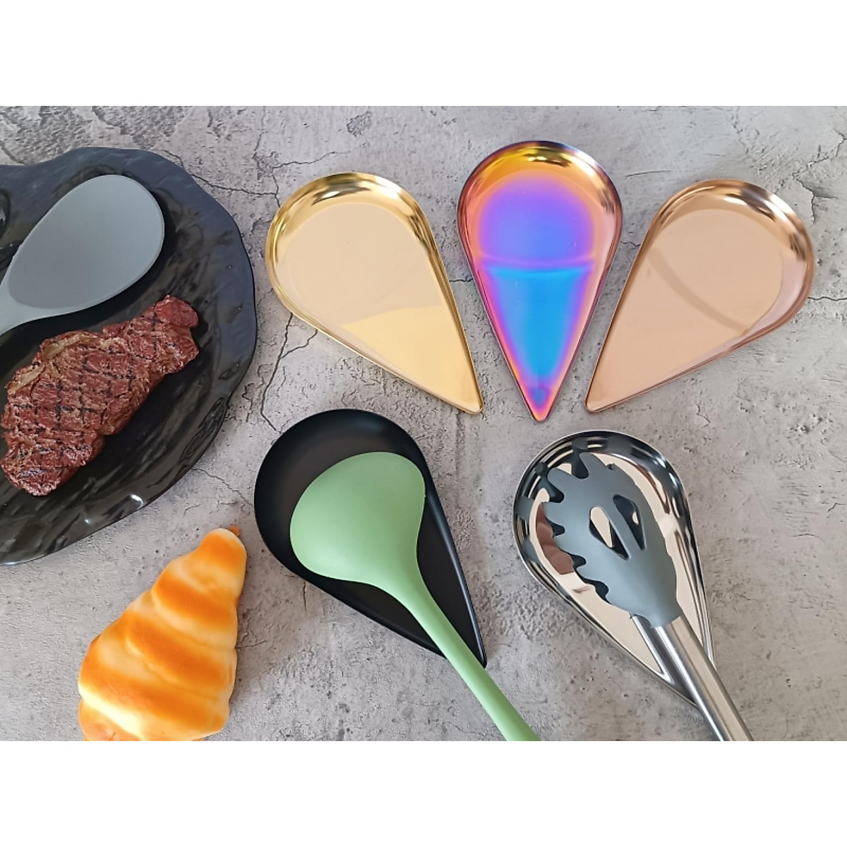 Stainless Steel Spoon Rest for Stove Top, Cute Spoon Rest for Kitchen Counter, Cooking Spoon Holder for Kitchen Counter, Utensil Rest for Spoon Spatula Ladle or Tong, 1 PCS (Raindrop, Rose Gold)