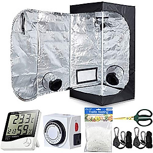 BloomGrow Hydroponics 24''x24''x48'' 600D Mylar Indoor Plant Grow Tent + Hygrometer Humidity Monitor + 24 Hour Timer + Trellis Netting + Bonsai Shears+ Hanger Grow Tent Kit