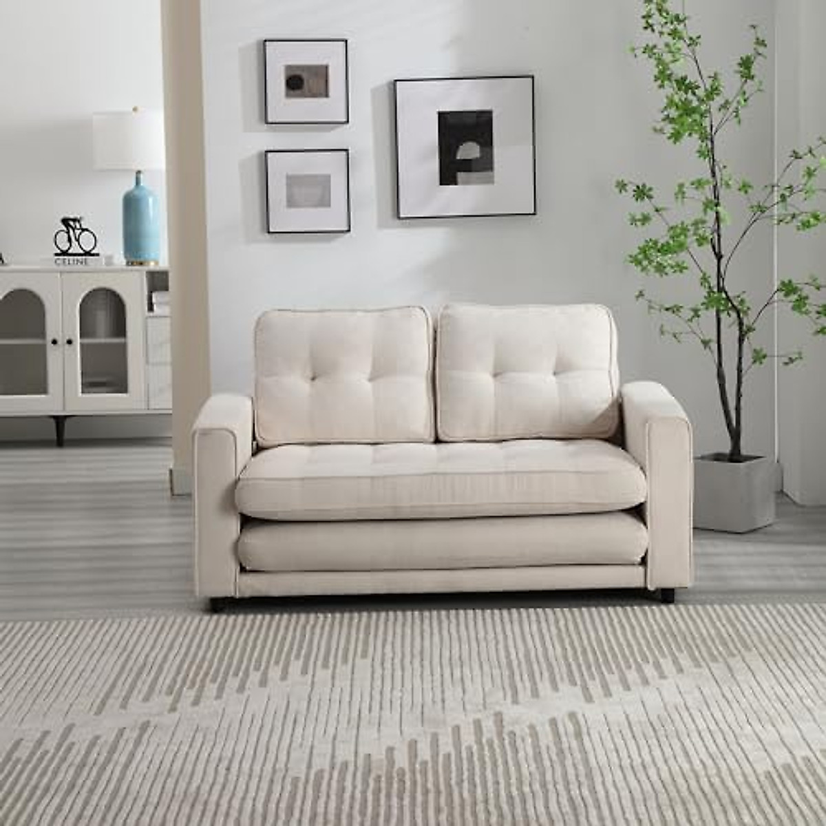 FULife Convertible Loveseat Sofa Futon Couch Sleeper Pullout Chaise Lounge Recliner Chair Reversible Folding Daybed Guest Bed, Beige Velvet Fabric 55”w