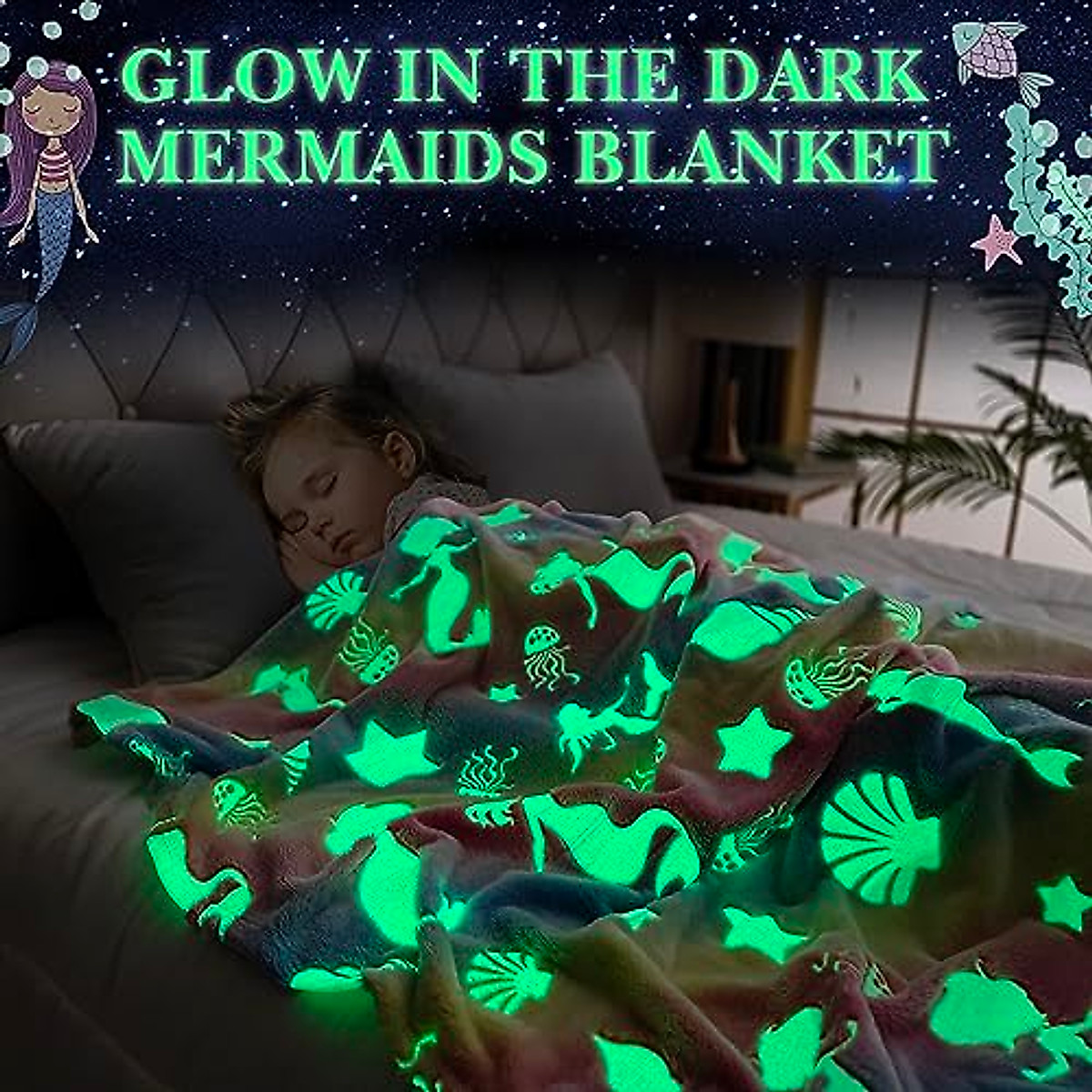 Poemuphi Glow in The Dark Blanket - Soft Cozy Mermaid Throw Blanket for Girls, Ideal Gifts for Kids, 50"×60" Colorful