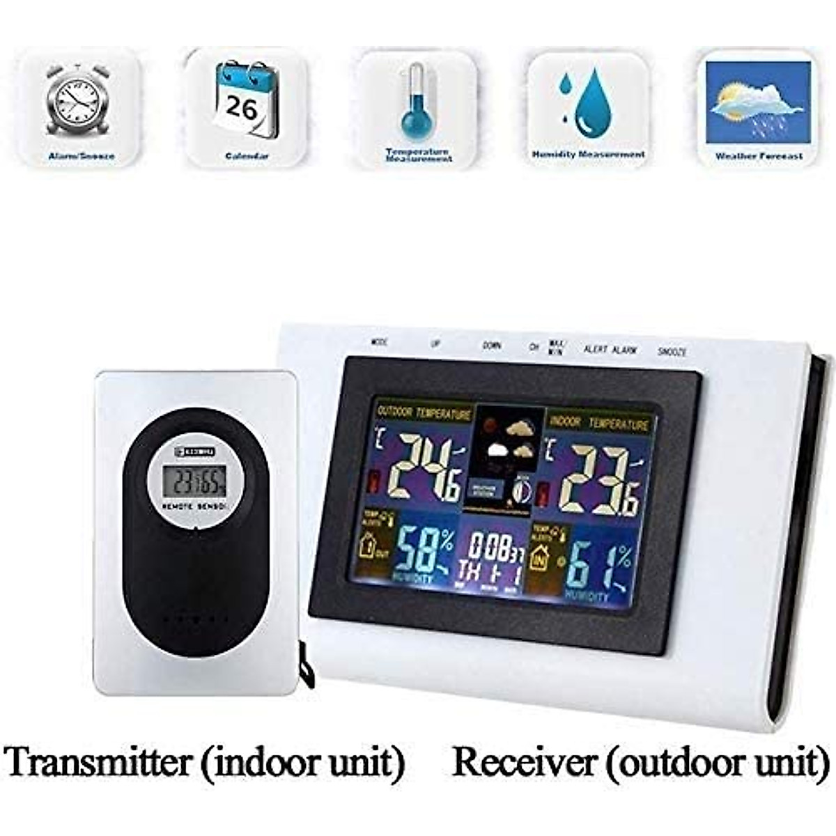 QHYXT Weather Stations Wireless Indoor Outdoor Thermometer Hygrometer, with Color Screen, Alarm Clock,Humidity Weather Forecaster with Remote Senso