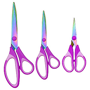Craft Scissors Set of 3 Pack Stainless Steel Titanium Coating Sewing Scissors Multipurpose Fabric Scissors Rubber Soft Grip Handle Sharp Titanium Blades Shears Great for Office Home School (Purple)