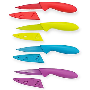 Handy Housewares 4pc Colorful Paring Knife Set with Sheath Covers, 3-inch Blade Covered Paring Knife