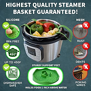 Silicone Steamer Basket For 6QT Instant Pot, Ninja Foodi, Other Pressure Cookers [3qt & 8qt avail] - Multiuse Silicone Strainer Steam Basket - Vegetable Steamer Basket for Pot & Pressure Cooker, Green