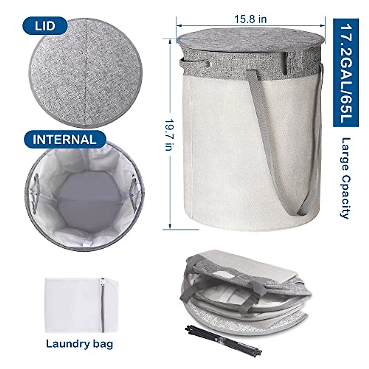 Laundry Hamper with lid, TEAYINGDE Laundry Basket with Handles Freestanding, Waterproof Folding Washing Bin, Collapsible Round Clothes Hamper for Bathroom Bedroom Dorm Organization Storage Grey