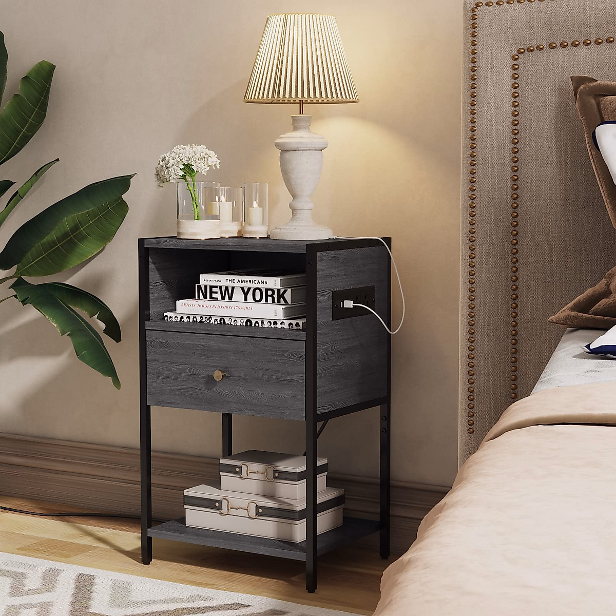 LDTTCUK Nightstand with Charging Station, Modern End Table with Drawer, Bedside Table with Open Storage for Bedroom, Grey