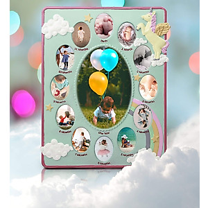 Mozlly Mint Green Unicorn Baby First Year Collage Photo Frame Standard 4 X 6 Inch Photo at The Center Nursery Room Decor Mythical Fantasy Creature Picture Frame for Baby Girls from Birth to 1 Year