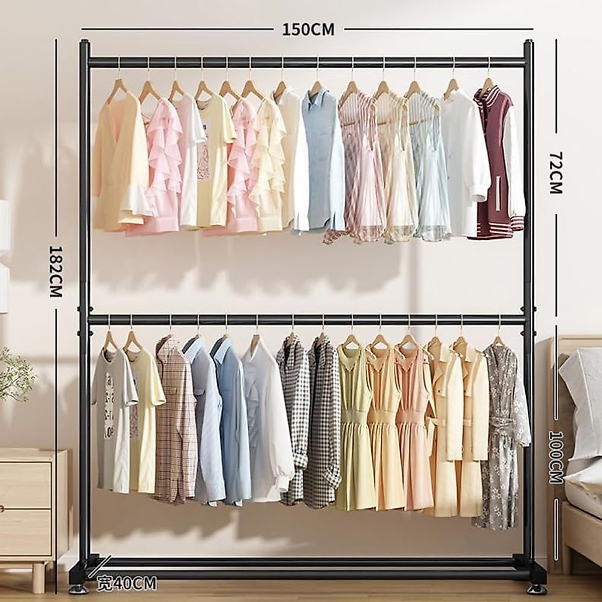 Bold and Heighten 2 Layers Metal Clothes Drying Rack Laundry Drying Rack, Sheet Quilts Blanket Drying Rack, Heavy Duty Garment Rack For Indoor Outdoor 1.5M/150cm/59 Inches（Black）