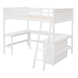 GINGVAT Full Size Loft Bed with Desk and Shelves, Wooden Bedframe and Safety Guardrails, Bedroom Furniture for Children/Teens, White