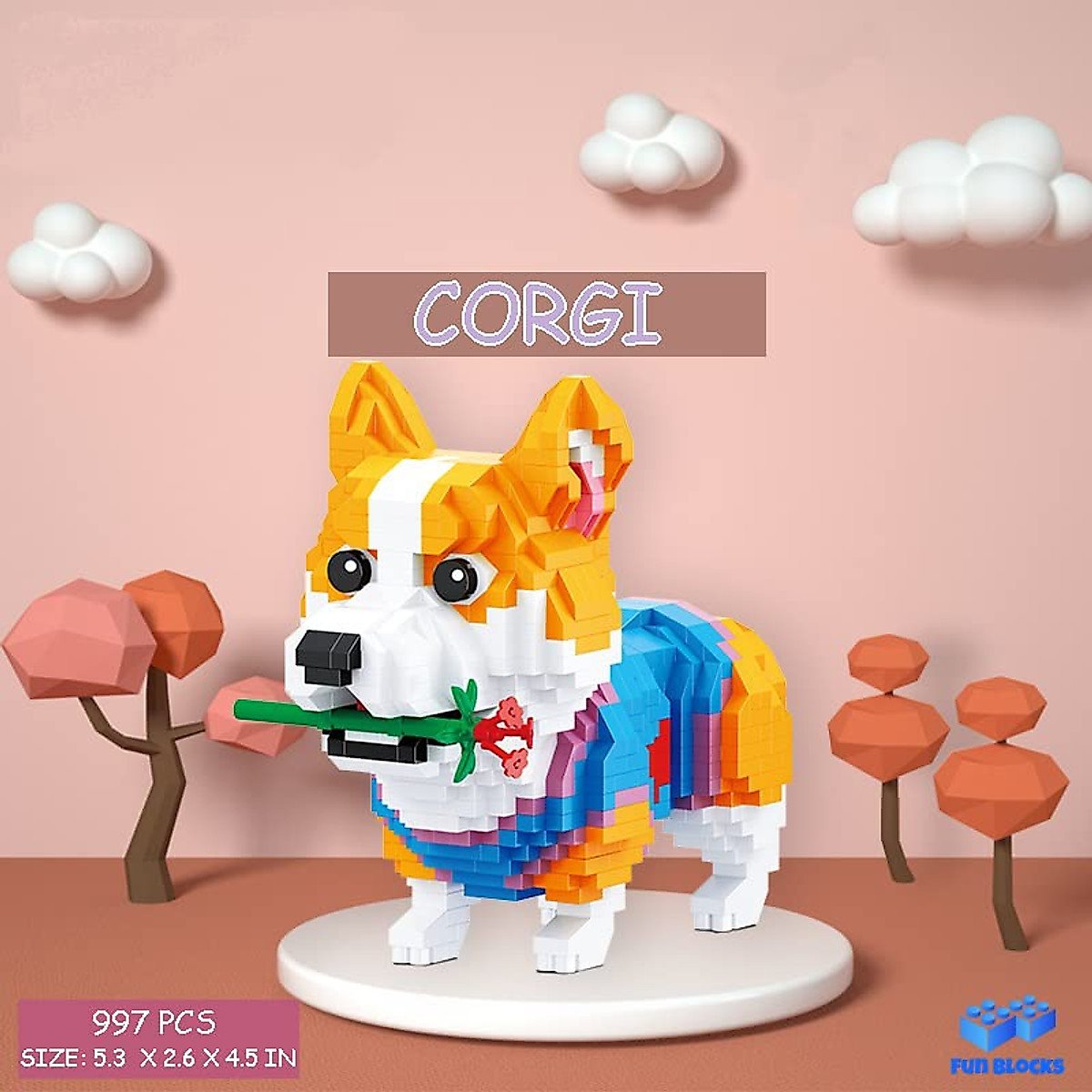 FunBlocks Mini Building Blocks Animal Set, DIY Micro 3D Building Toy Bricks (Corgi 997pcs)