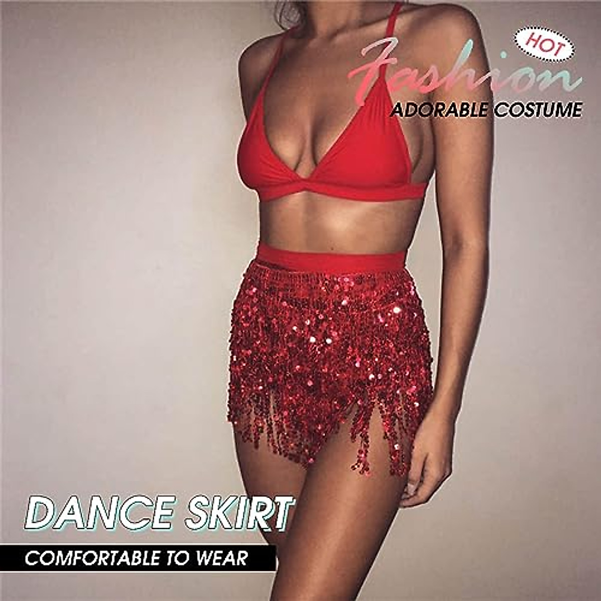 Victray Women Sparkle Sequin Skirt Belly Dance Mini Skirt Fringe Skirts Rave Hip Scarf Party Costume (Red)