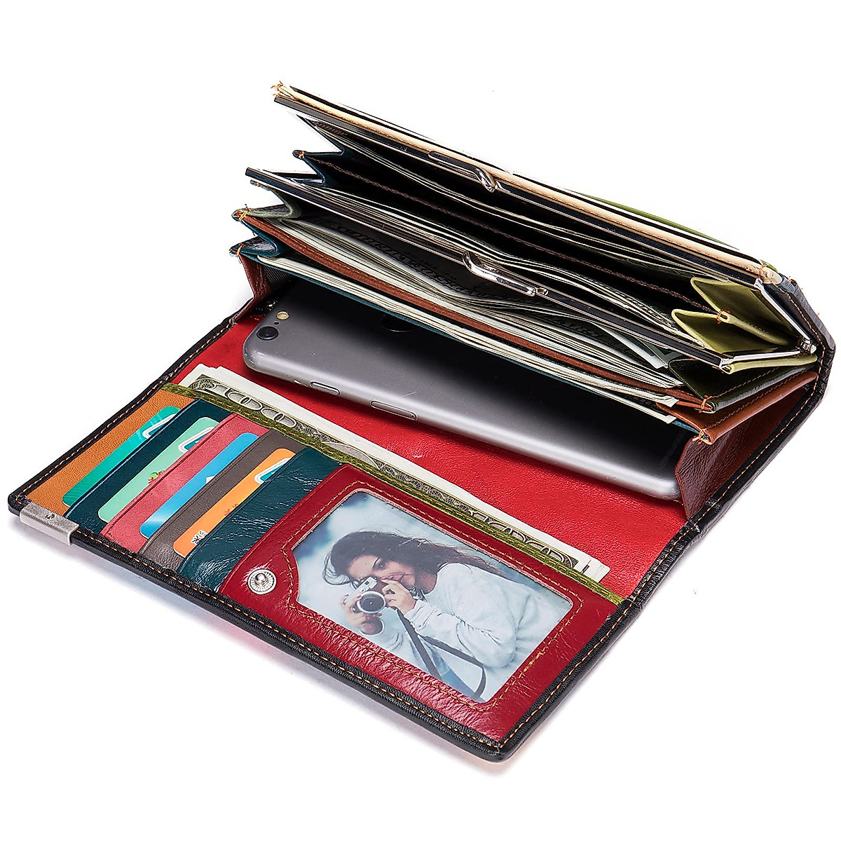 MASIWEI Genuine Leather Folded Wallet for Women Credit Card Holder RFID Blocking Cell Phone Pouch Patchwork Style (Rhombus-1)