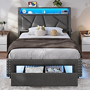 VIAGDO Twin Bed Frames with LED Lights, Upholstered Platform Bed Frame Twin Size with Storage Headboard and Charging Station, LED Twin Bed Frame, No Box Spring Needed, Dark Grey