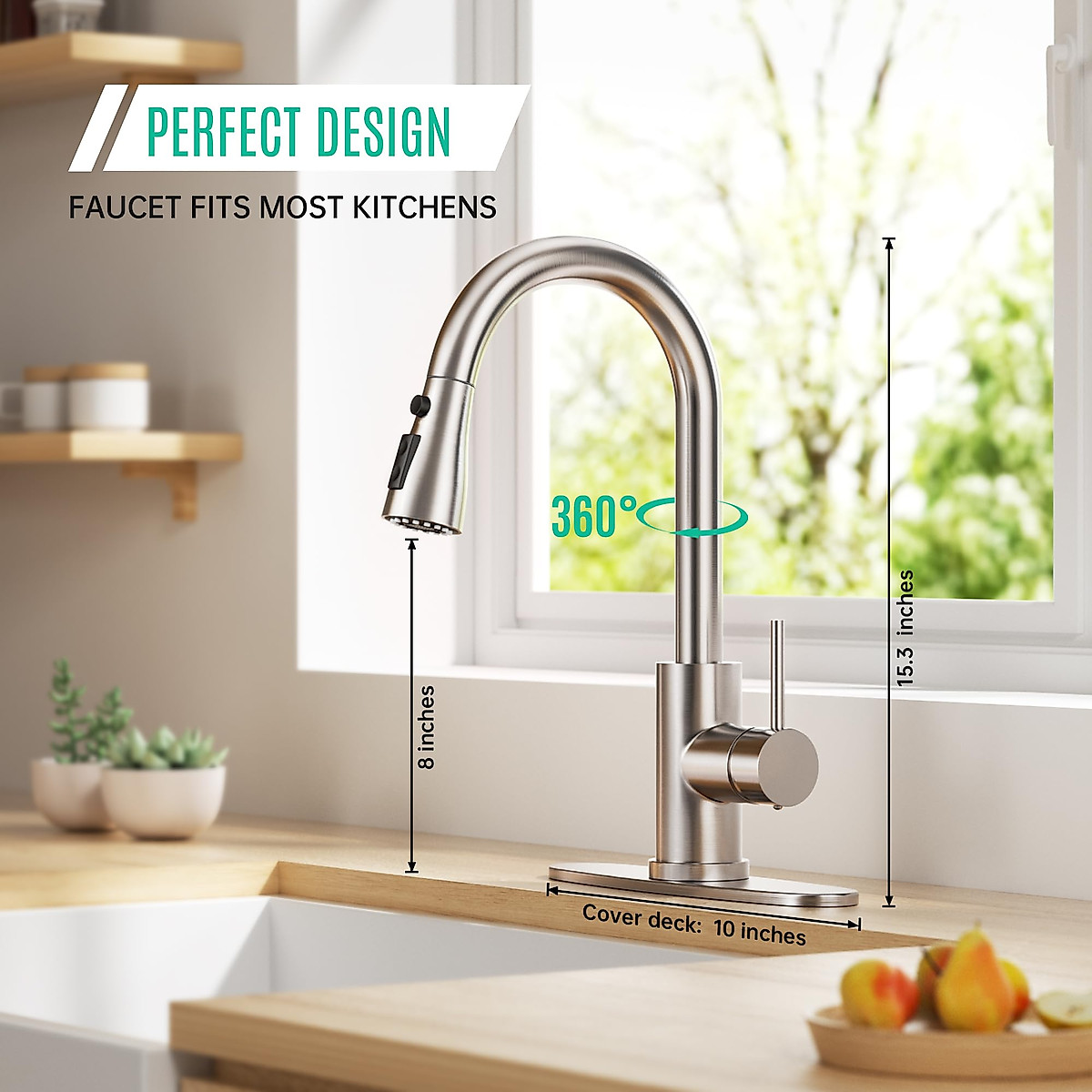 BASDEHEN Single Handle High Arc Brushed Nickel Pull Out Kitchen Faucet, Single Level Stainless Steel Kitchen Sink Faucet with Pull Down Sprayer and 10 Inch Deck (Brushed Nickel)