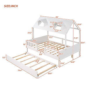 MERITLINE Full House Bed with Trundle, Wooden Platform Bed Frame with Roof, for Kids Teens Girls Boys - White