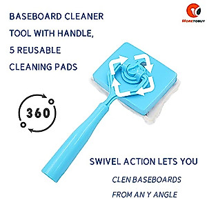 Baseboard Cleaner Tool with Handle 5 Reusable Cleaning Pads by No-Bending Mop Baseboard Cleaner Tool Long Handle Adjustable Baseboard Molding Tool for Bathroom Microfiber Cleaning