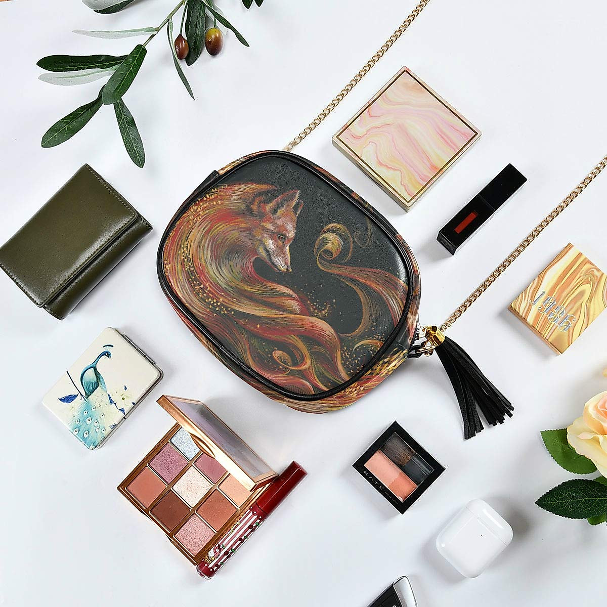 ALAZA PU Leather Small Crossbody Bag Purse Wallet Fantastic Fox In Dark Cell Phone Bags with Adjustable Chain Strap & Multi Pocket