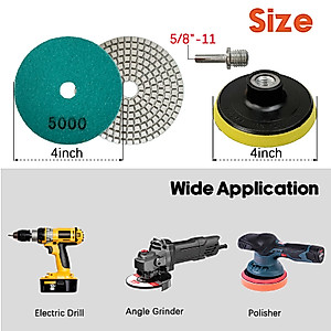 Konvixon Diamond Polishing Pads Set Wet/Dry Quartz Polishing Kit, Granite Stone Concrete Marble Tile Polishing Pads for Grinder, 12Pcs 4 In 50#-8000# Grit Pads with Hook, Loop Backer and Drill Adapter