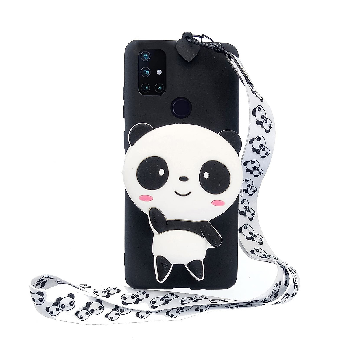 Yewos Case Compatible with Oneplus Nord N10 5G,3D Cute Animals Pandas Cartoon Soft Black Silicone Wallet Case with Wrist Strap,Pretty Kawaii Funny Kids Teens Girls Shockproof Protective Cover