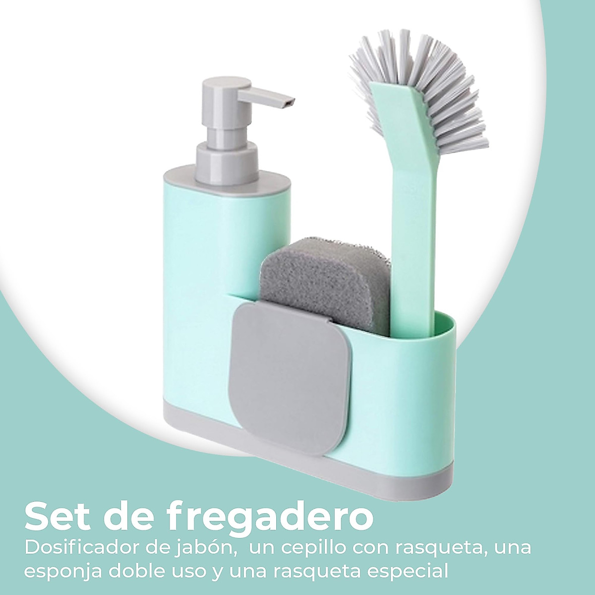 Vigar Rengo Monobloc 4-piece Sink Caddy Set, Includes Scrub Brush, Two-sided Sponge, Soap Dispenser and Scraper, Turquoise