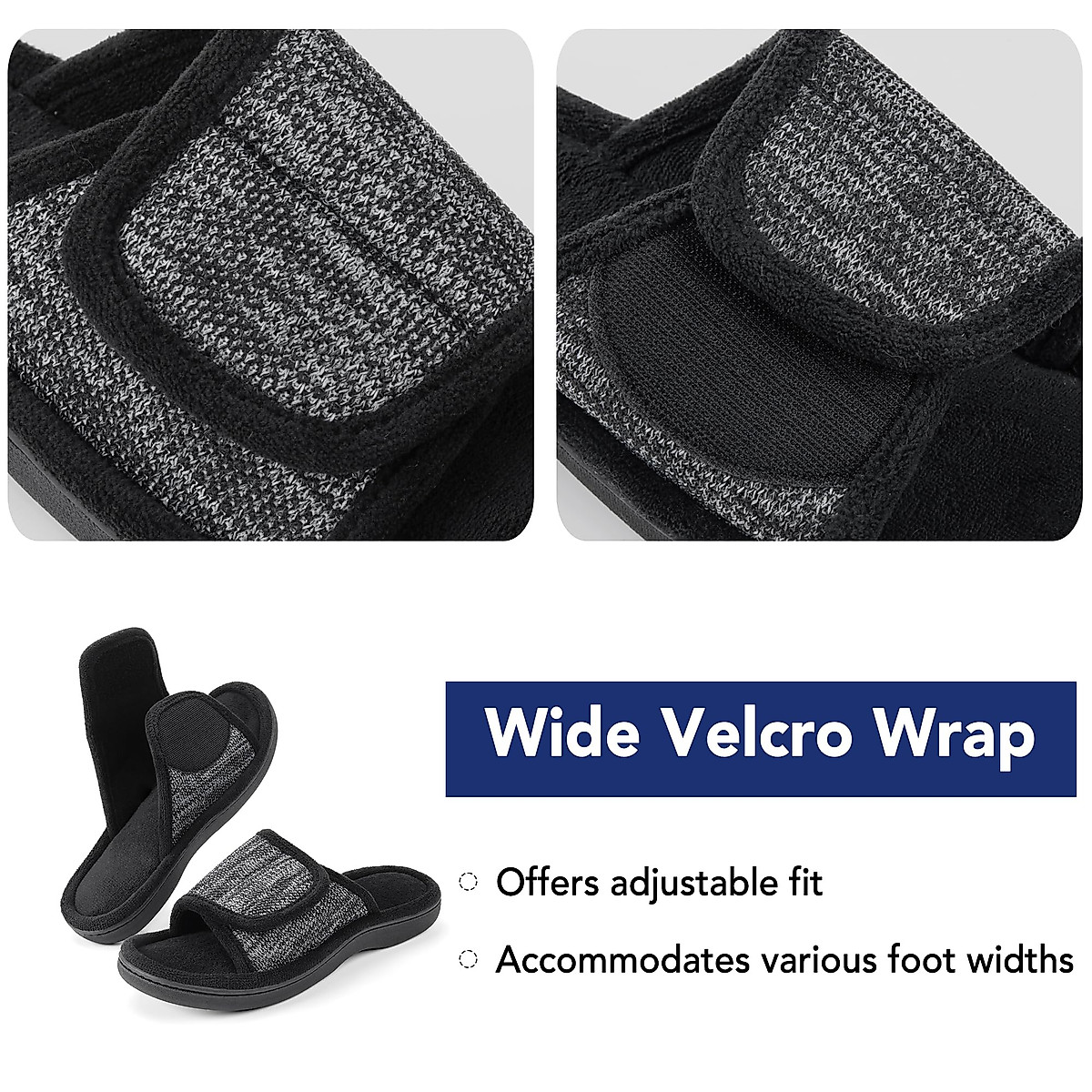 RockDove Men's Adjustable Wrap Memory Foam Slide Slipper, Size 11-12 US Men, Black