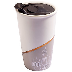Seven20 Harry Potter Hogwarts Travel Coffee Mug, 14oz - Insulated, Ceramic Cup with Lid - Gold and Gray Hogwarts Design - Gift for Teens and Adults