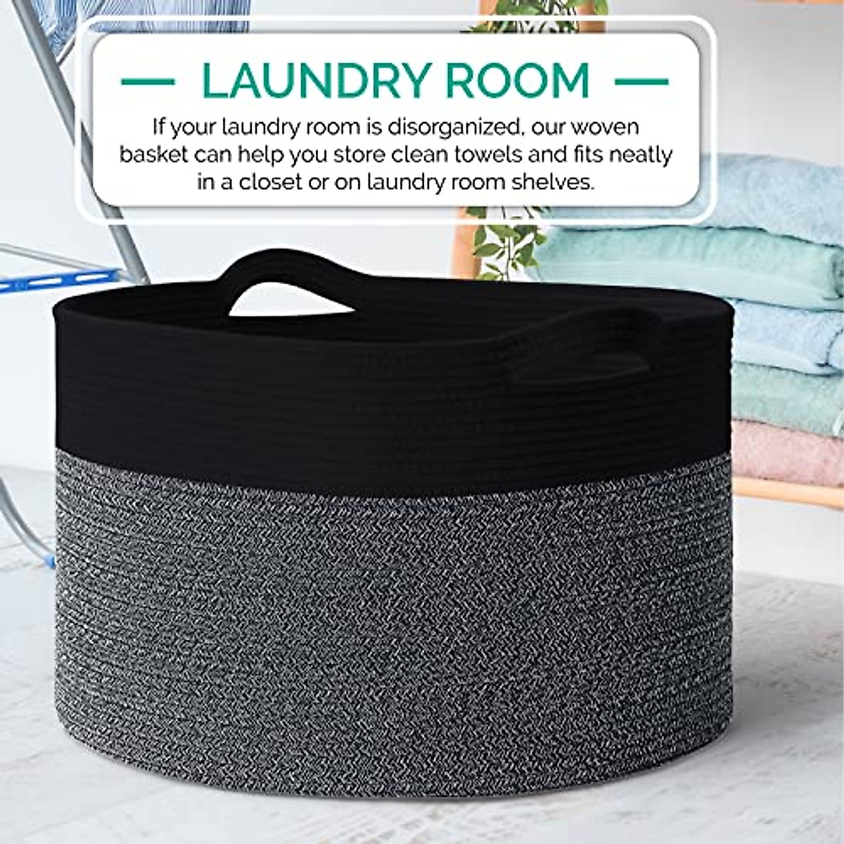 Organizix XXXXL Large Round Cotton Rope Storage Basket Bin Organizer Laundry Hamper with Handles, 21 x 21 x 14, Extra Large Blanket Woven Toy Basket, Black/Black
