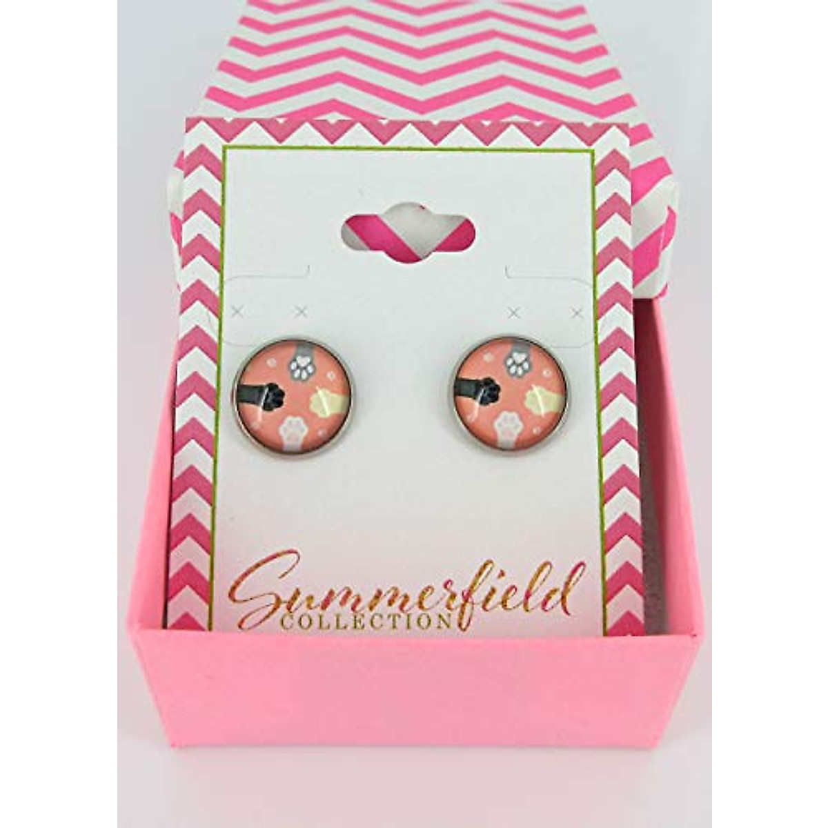 Stainless Steel Peach Cat Paw Print Glass Stud Earrings 12mm