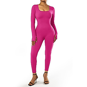 SUUKSESS Women Ribbed Stretchy One Piece Jumpsuits Yoga Long Sleeve Workout Jumpsuits (Hot Pink,S)