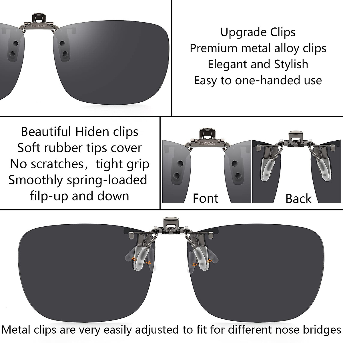 CAXMAN Polarized Clip On Sunglasses Over Prescription Glasses or Reading Glasses for Men Women Flip Up Rimless Rectangle Lens Cover Eyeglasses, Grey Lens, 60 * 42mm