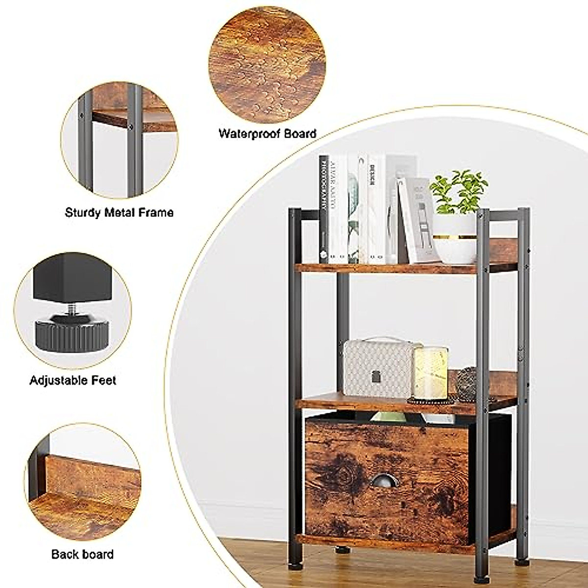 Furologee 3 Tier Bookshelf with Drawer, Small Bookcase with Shelves, Short Wood and Metal Book Shelf Storage Organizer, Industrial Freestanding Shelf Units for Bedroom, Living Room, Dorm, Rustic Brown