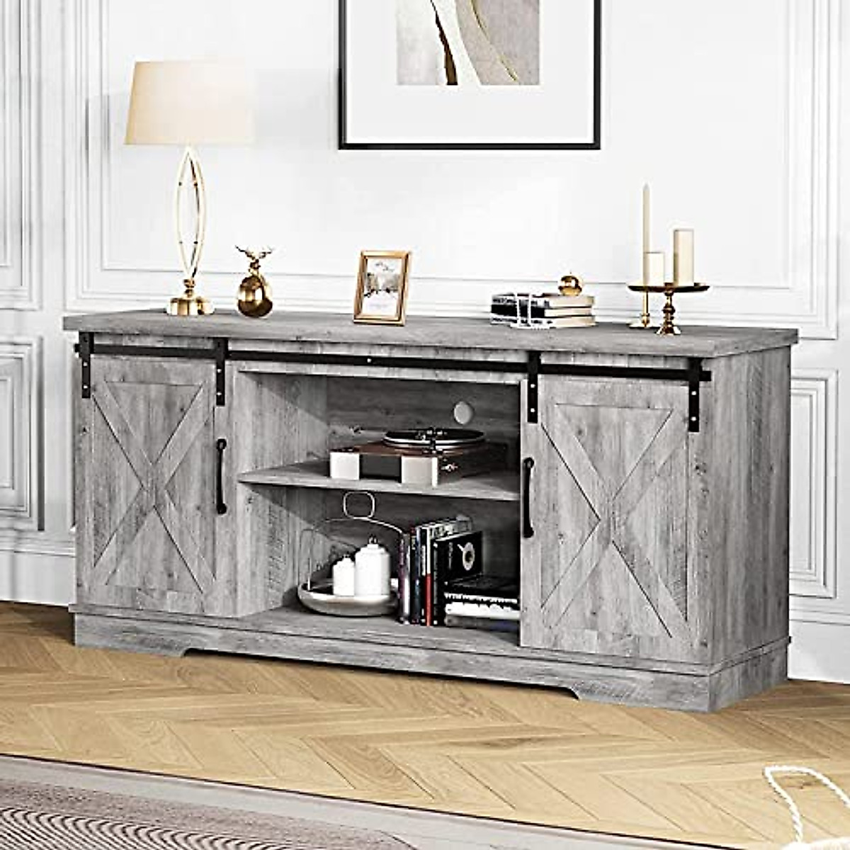 Amyove Farmhouse Stand for 65 Inch TV, Entertainment Center TV Media Console Table, Tall Stand with Storage, Barn Doors and Shelves, Grey Modern Cabinet Furniture for Living Room