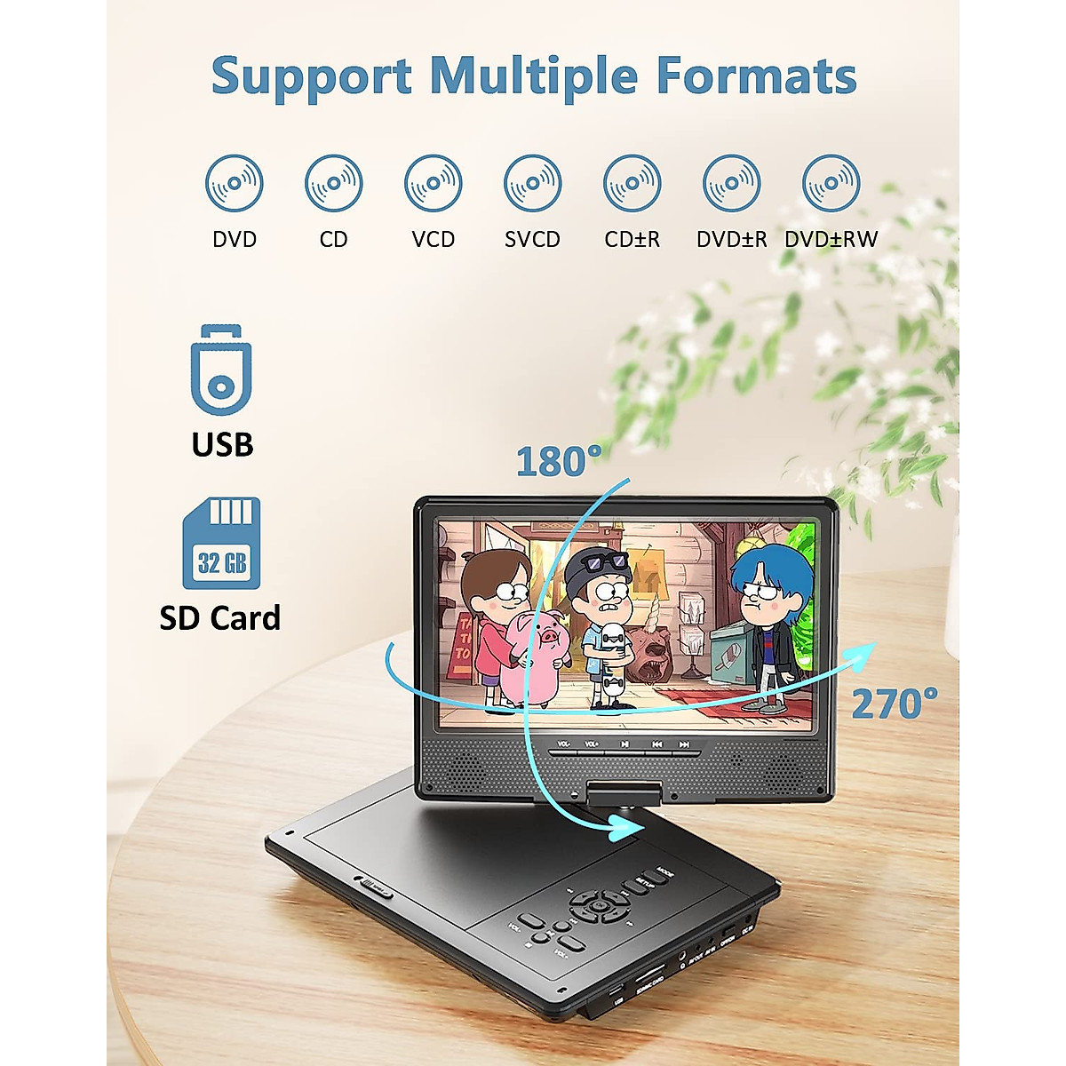 Arafuna 12.5" Portable DVD Player for Car, 10.5" HD Swivel Screen with Car Headrest Holder, 5-Hour Rechargeable Battery, Support USB/SD/Sync TV, Regions Free, Last Memory