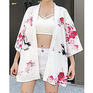 LAI MENG FIVE CATS Women's Floral Print Puff Sleeve Loose Blouse Japanese Kimono Cover up Casual Cute Tops