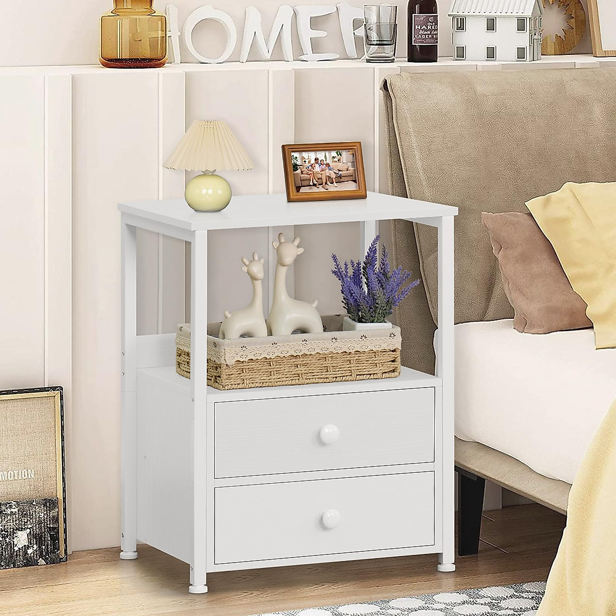 Lerliuo Nightstand, Industrial Bed Side Table with 2 Drawers Storage Open Shelf, Sturdy End Table with Steel Frame, Night Stand for Bedroom, Living Room, Elegant White