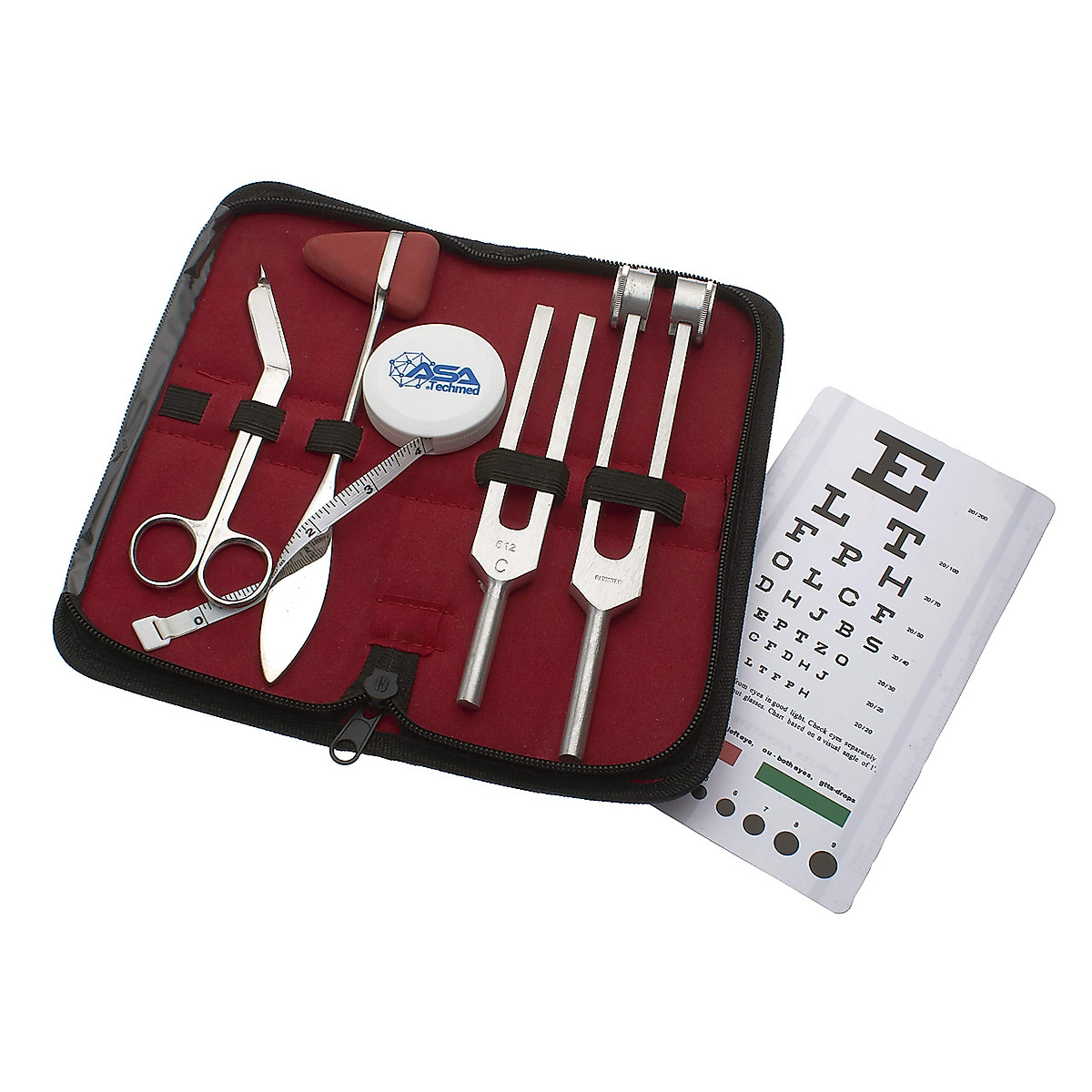 Set of 6 pcs Diagnostic Reflex Percussion Kit - Taylor Hammer, Body Measuring Tape, Tuning Fork Set, Bandage Scissors 5.5", Snellen Eye Chart w/Case (Stainless Silver)