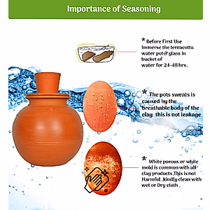 Village Decor Handmade Earthen Clay Water Pot with Lid and Glass (Capacity 6000 ml / 202 oz)