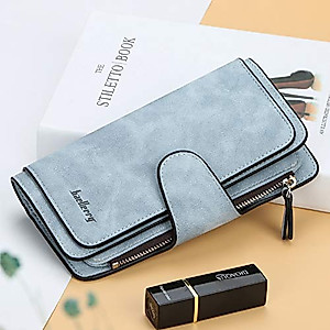 Women's Long Leather Wallet RFID Blocking Cash ID Credit Card Holder for Women Ladies Soft Clutch Wallet with Zipper Coin Pocket Fashion Purse (Light Blue)