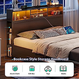 Rolanstar Queen Bed Frame with Storage Headboard, Metal Platform Bed with Charging Station, LED Bed Frame with 4 Drawers, Bookcase Storage, No Box Spring Needed, Easy Assembly, Noise-Free, Black