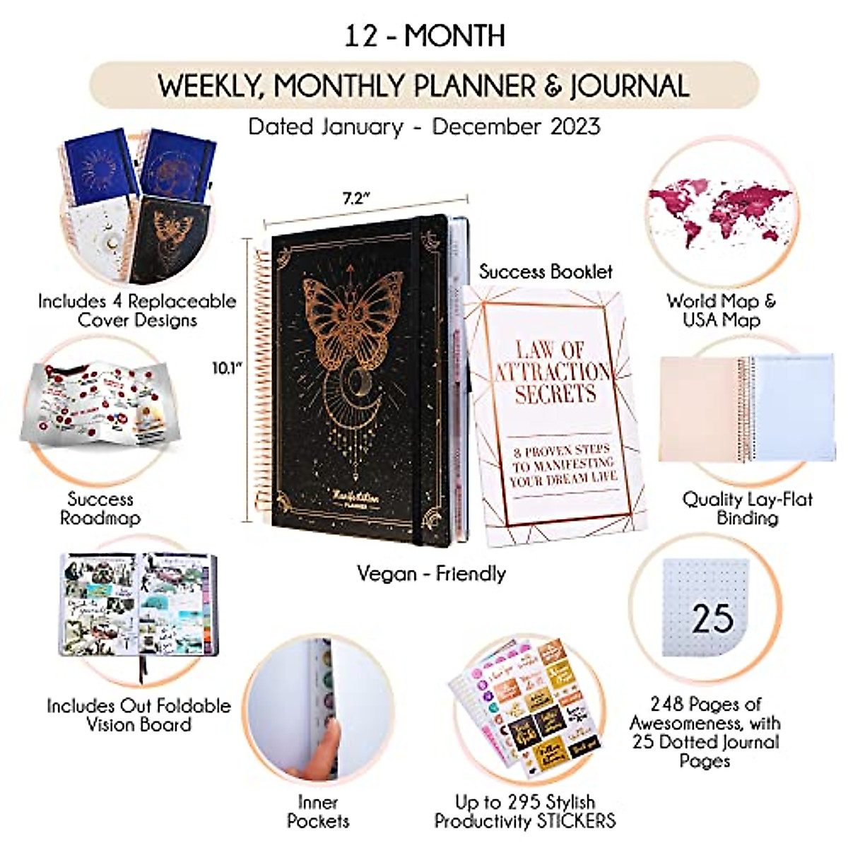 Manifestation Planner - 2023 Deluxe Weekly & Monthly Life Planner to Achieve Your Goals. A 12 Month Journey to Increase Productivity, Organizer & Gratitude Journal and Stickers