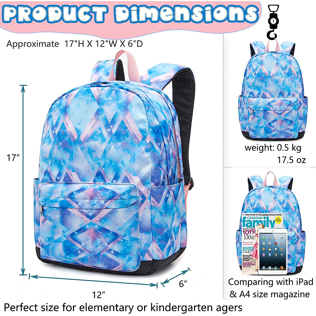 BLUEFAIRY Middle School Backpacks for Girls Teens Ages 8-10 Galaxy Backpack High School Bags Padded Straps Large Book Bag Bookbag for Teenagers Blue 17"