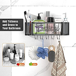 Roylvan Towel Rack for Bathroom, Wall Mount Towel Holder with Detachable Hooks and Side Pocket, No Drilling/Drilling, Rustproof Stainless Steel Shower Caddy Holder for Bathroom Storage Organizer,Black