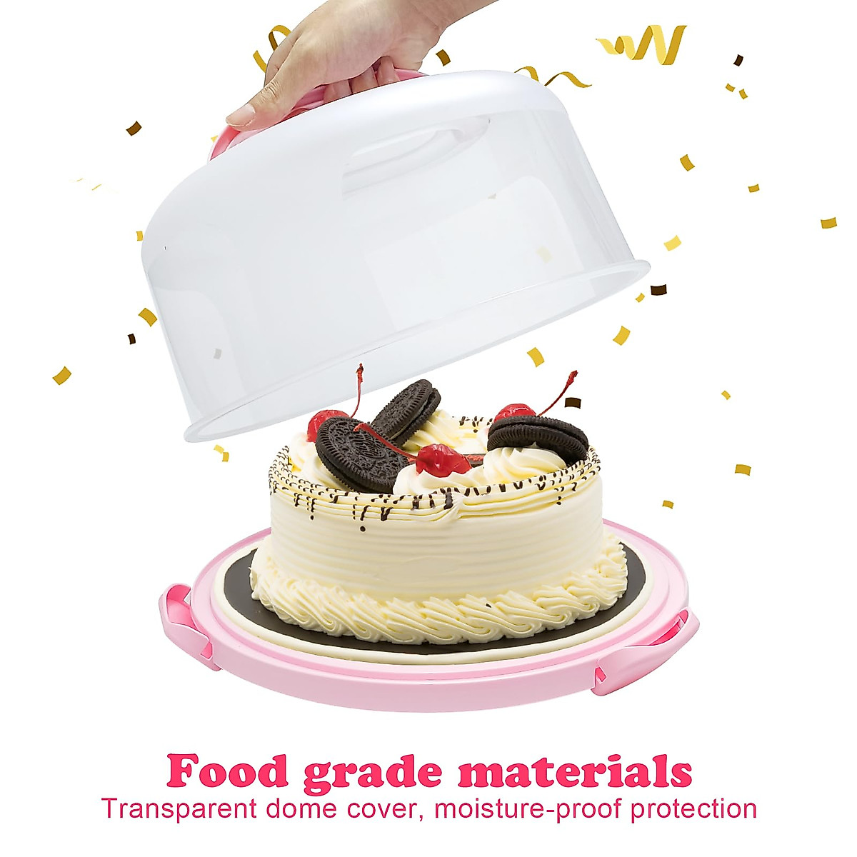 RTUDOPUYT Cake Carrier with Lid and Handle, Fit 10’’ Cake Stand with Lid, Cake Transport Container, Cake Containers with Lids, Pink, 3 Secure Side Closures