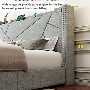 iPormis King Storage Bed Frame with 4 Drawers, Upholstered Bed Frame with Minimalist Wingback Headboard and Charging Station, No Box Spring Needed, Light Gray