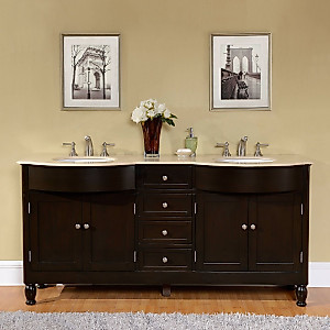 Silkroad Exclusive HYP-0717-CM-UWC-72 Cream Marfil Marble Stone Top Double Sink Bathroom Vanity with Cabinet, 72", Brown