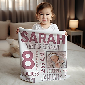 Yeh Gift Personalized Baby Photo Newborn Blanket with Birth Information for Girls & Boys. Customized Blanket from Baby's Name, Date, Weight for New Born, Dad Mom Grandparents (Pink)