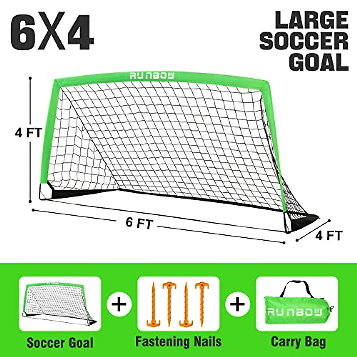 RUNBOW 6x4 ft Portable Kids Soccer Goal for Backyard Practice Soccer Net with Carry Bag (6x4 FT, Green, 1 Pack)