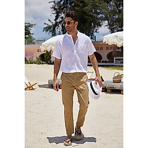 COOFANDY Men's Cotton Linen Henley Shirt Short Sleeve Hippie Casual Beach T Shirts with Pocket