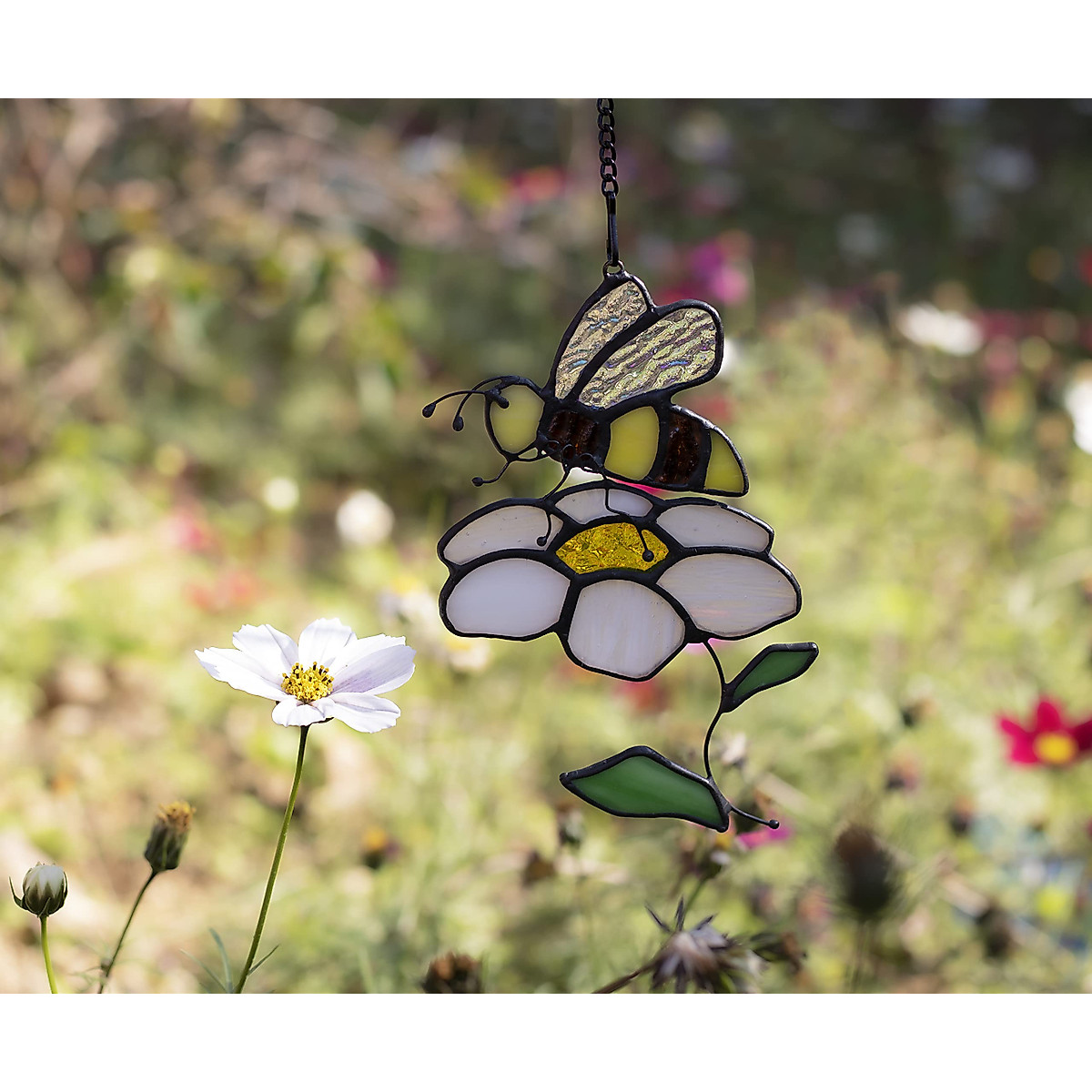 HAOSUM Bee Suncatcher Flower Stained Glass Window Hangings, Bee Decor Party Birthday Bee Gifts for Women,Bee Lovers, Housewarming Gifts.