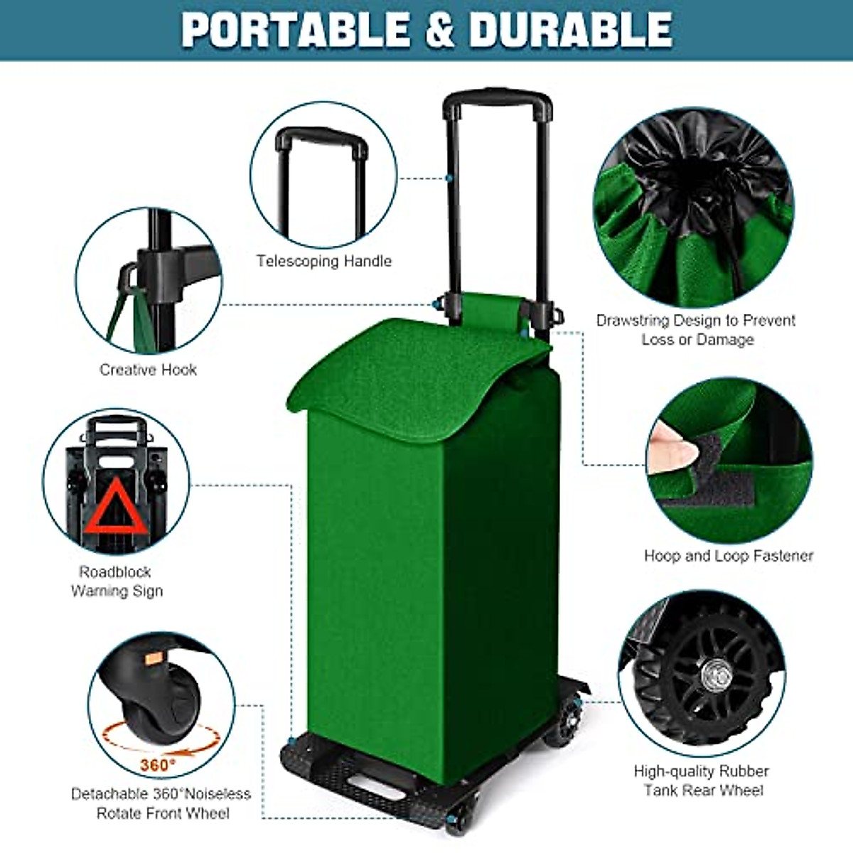 SELORSS 2-in-1 Foldable Hand Truck Utility Cart, Portable Grocery Shopping Cart with Wheels, Telescoping Handle and Removable Waterproof Bag, Collapsible Lightweight Large Capacity for Groceries